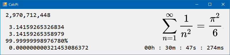 GitHub - morphx666/CalcPi: Pi approximation using (one of) Euler's formulas